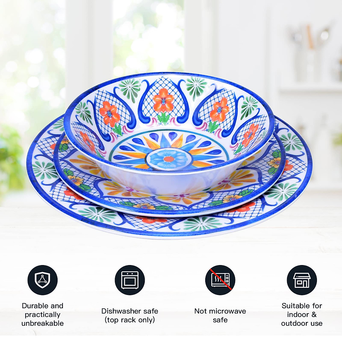 Melamine Dinnerware sets: Bisphenol A-free,Dishwasher Safe dinnerware sets,Non-breakable melamine plates,Service for 4 (12pcs) plates and bowls sets Ideal for indoors and outdoors Picnic, Camping.
