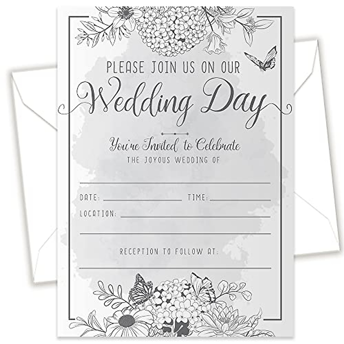Wedding Invitation Kit with Envelopes - Wedding Drawing Florals Themed Invitations & Envelopes Minimalist Blank Wedding Invitations, Invitation Wedding Kit Set of 25 Beautiful Invitations