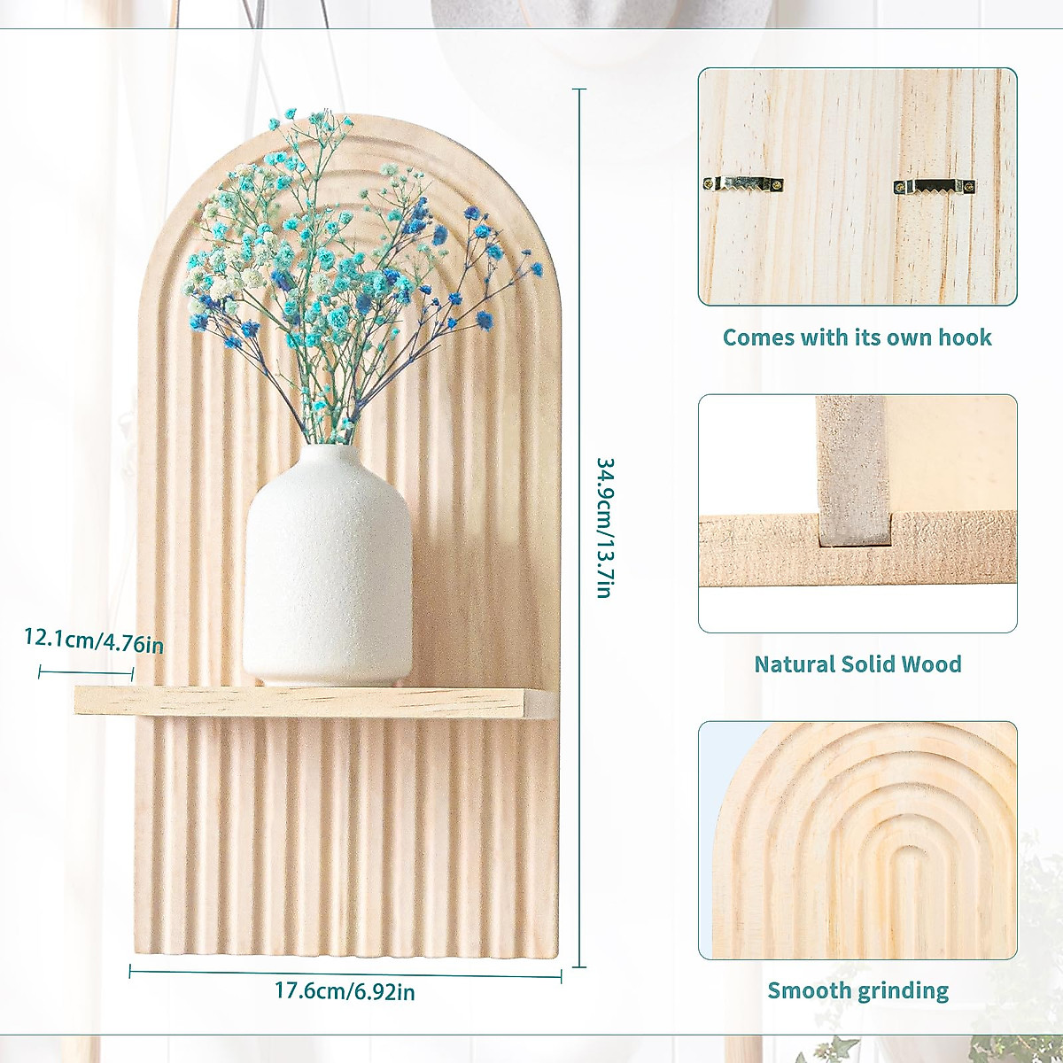 YIYA 2 Pcs Boho Wooden Rainbow Wall Shelves Floating Shelves for Wall Rainbow Arch Boho Floating Shelves Modern Boho Wall Shelf for Living Rooms Bathroom Display