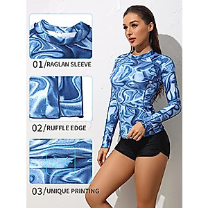 ATTRACO Rash Guard for Women Long Sleeve Swim Shirt Y2K Skiny UV Swimsuit Top UPF 50+ Blue L