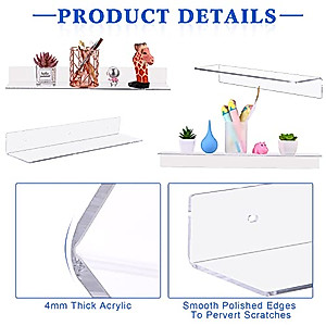Qunclay 12 Pcs Clear Acrylic Shelves for Wall 15" Acrylic Floating Wall Shelf 4 mm Thick Wall Mounted Storage Shelf Long Clear Shelves for Bedroom Living Room Bathroom Kitchen Office Wall Display