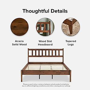 mopio Ted Bed Frame with Headboard, Mid Century Modern Acacia Solid Wood Platform Bed Frame, Wooden Bed Slats, No Box Spring Needed, Double Metal Bar Support, Walnut (Queen Bed)