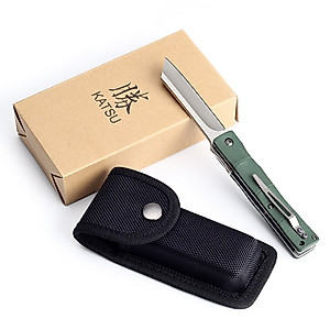 KATSU Handmade D2 Steel Blade G10 Handle Bamboo Style Japanese Razor Pocket Folding Knife with Pocket Clip