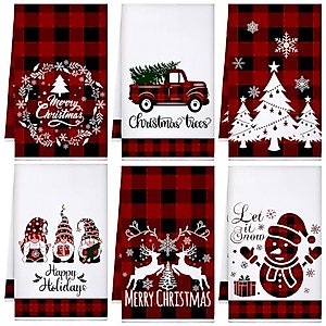 Sratte 6 Pcs Christmas Kitchen Towels Buffalo Check Plaid Dish Towels Winter Truck Hand Towels Farmhouse Tea Towels Housewarming Gifts Christmas Decoration for Kitchen Holiday Xmas (Red, Black)