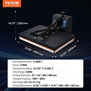 VEVOR Heat Press Machine, 16 x 24 in / 40 x 61 cm, Clamshell Sublimation Transfer Printer Teflon Coated, Digital Precise Heat Control, Silica-Gel Sponge Powerpress for T-Shirt Bag Pad Pillow