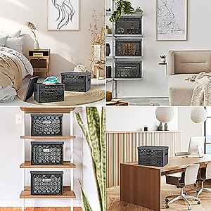 Iirios Storage Bins With Lids, 3 Pack Linen Foldable Storage Bins, Metal Clothes Storage Containers with Handles, Stackable Storage Baskets for Clothing, Blanket, Comforters, Pillows and Toys (Black)