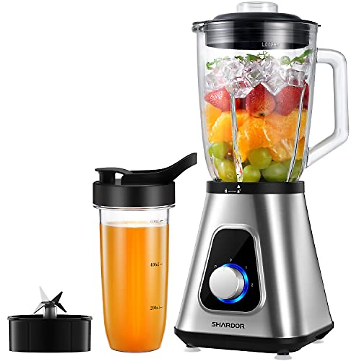 SHARDOR Countertop Blender 2.0 for Shake and Smoothies with 1200W, with 52oz Glass Jar, 3 Adjustable Speed Control + 22oz Travel Cup for Frozen Fruit Drinks, Smoothies, Sauces & More, Sliver