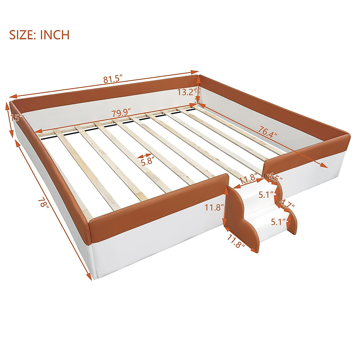 HoRunzelin King Size Soft Floor Bed with Stairs, PU Leather Upholstered Grounded Daybed, Low Profile Montessori Bed with Slat Support for Kids Boys Girls Teens Adults,Brown+White