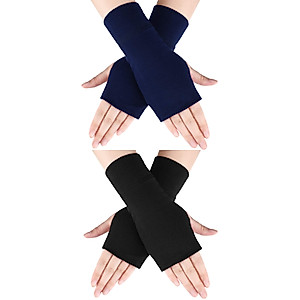 2 Pairs Fingerless Gloves Women Man Stretchy Knitted Gloves Thumb Hole Mittens Wrist Length Arm Warmers (Black, Navy)