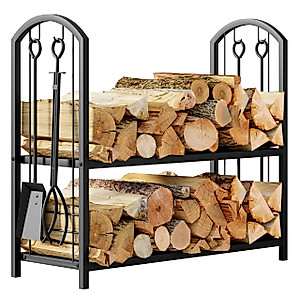 Fire Beauty Fireplace Firewood Log Rack 5-Piece Storage Logs Holder with Tools Set with 4 Tools Set Fireside Holders Wood Lumber Storage Stacking Black