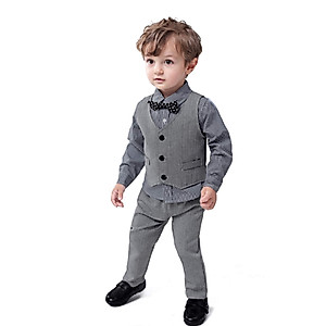 Xiangwu Textitle Baby Boy Gentleman Set with Dress Shirt+Bow Tie+Vest and Pants 3PC Set, Gray Plaid, 18-24 Months
