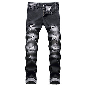 Men's Casual Ripped Jeans Distressed Slim Fit Straight Leg Denim Pants Classic Destroyed Washed Jean Trousers (Black,32)