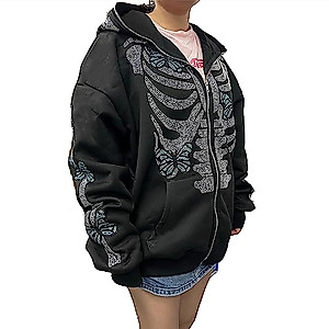 Karwuiio Women Rhinestone Full Zip Up Hoodies Spider Skeleton Print Sweatshirt Y2k Gothic Oversized Jackets (Black-B, XXXL)