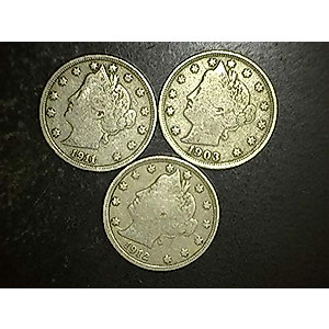 1883 No Mint Mark to 1912 5c US Liberty Head (Barber) Nickels - Set of 3 Coins - All FULL LIBERTY - 3 Different Dates Fine and Better