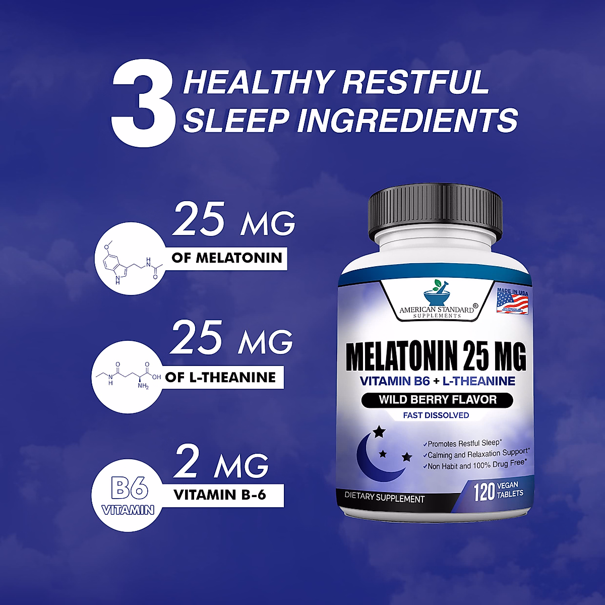 Melatonin 25mg Per One Tablet, 120 Chewable Tablet with L-Theanine & Vitamin B-6, Supports Healthy Sleep Cycle , Promotes Calming & Restful Sleep, Vegan, NON GMO, Made In USA