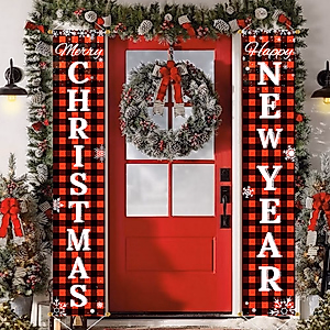 Ivenf Merry Christmas & Happy New Year Decorations, Red Black Buffalo Plaid Banner, 2 Pcs Front Porch Sign Set, Indoor Outdoor Yard Wall Home Decor