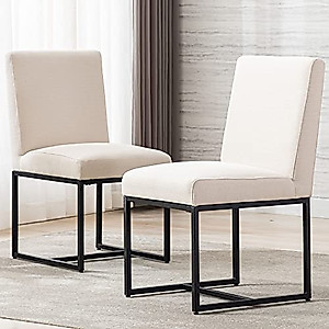 VESCASA Linen Upholstered Dining Chairs Set of 2, Mid Century Modern Padded Chair with Black Metal Frame for Restaurant, Dining Room, Kitchen, Cream