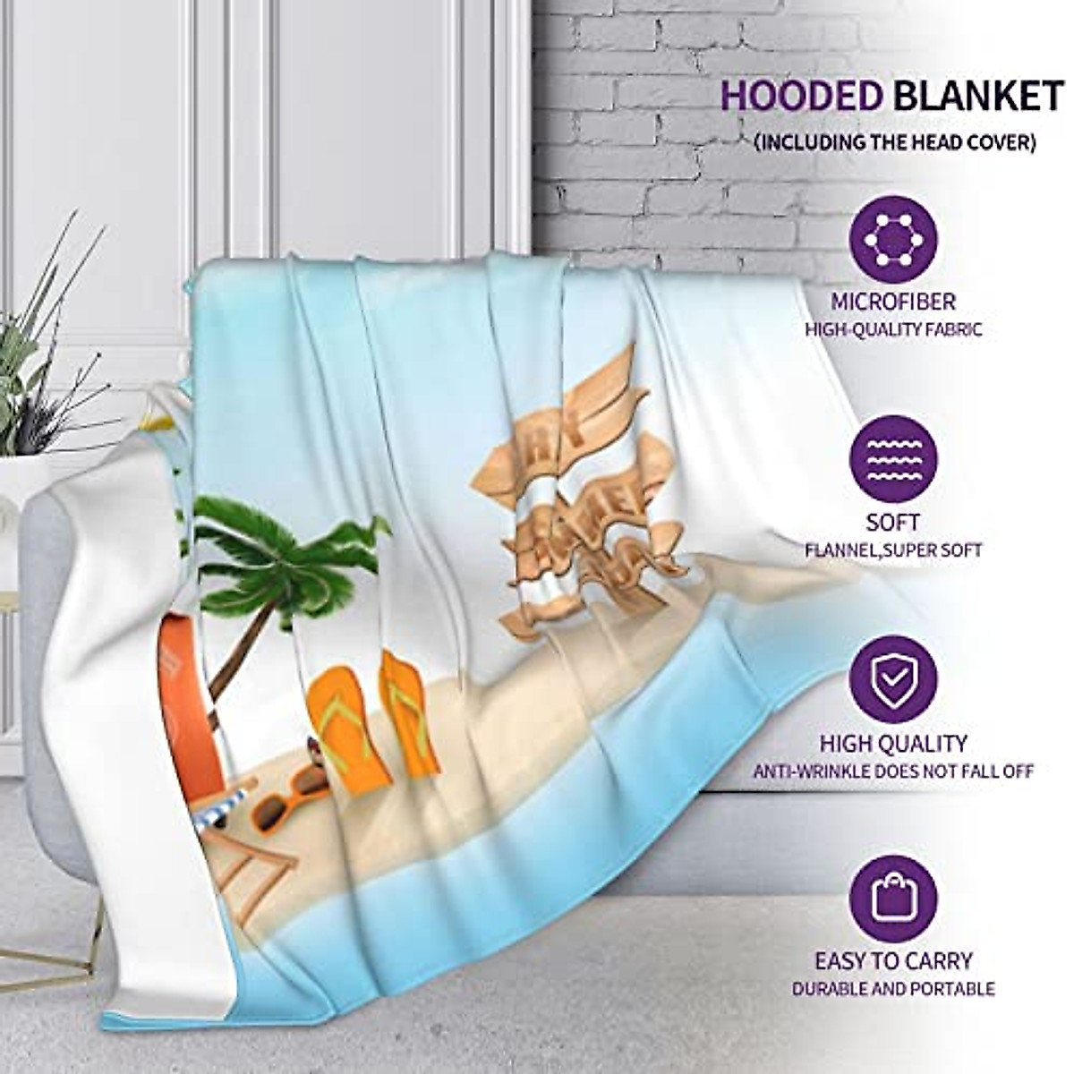 Hooded Blanket Summer Ocean Beach Tropical Palm Trees Flannel Wearable Throw Cape Robe Wrap Fleece Warm Air-Conditioning Quilt 60"X50"