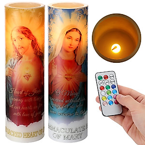 Landhoow 2 Pcs Religious Flameless LED Prayer Candle Real Wax Baptism Candle Set Immaculate Heart of Mary and Sacred Heart of Jesus Battery Operated Candles with Remote Control