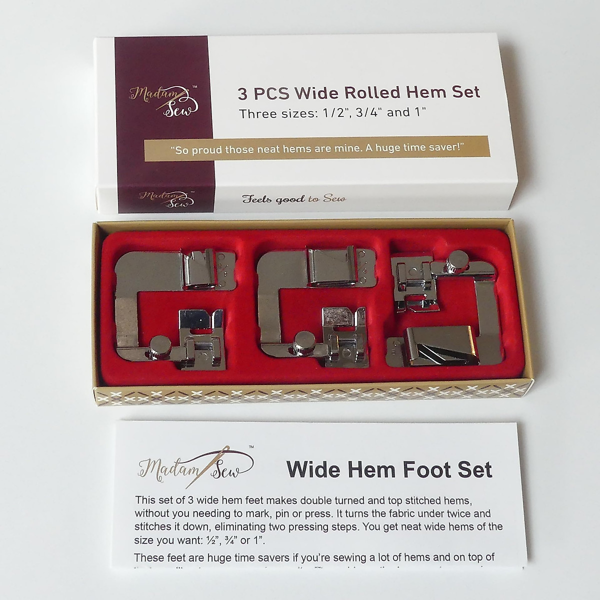 Madam Sew Rolled Hem Presser Foot Set – 3 Piece Wide Hemmer Foot Kit Includes 1/2”, 3/4" and 1” Presser Feet – Compatible with Singer, Brother, Babylock, Euro-Pro, Janome and More