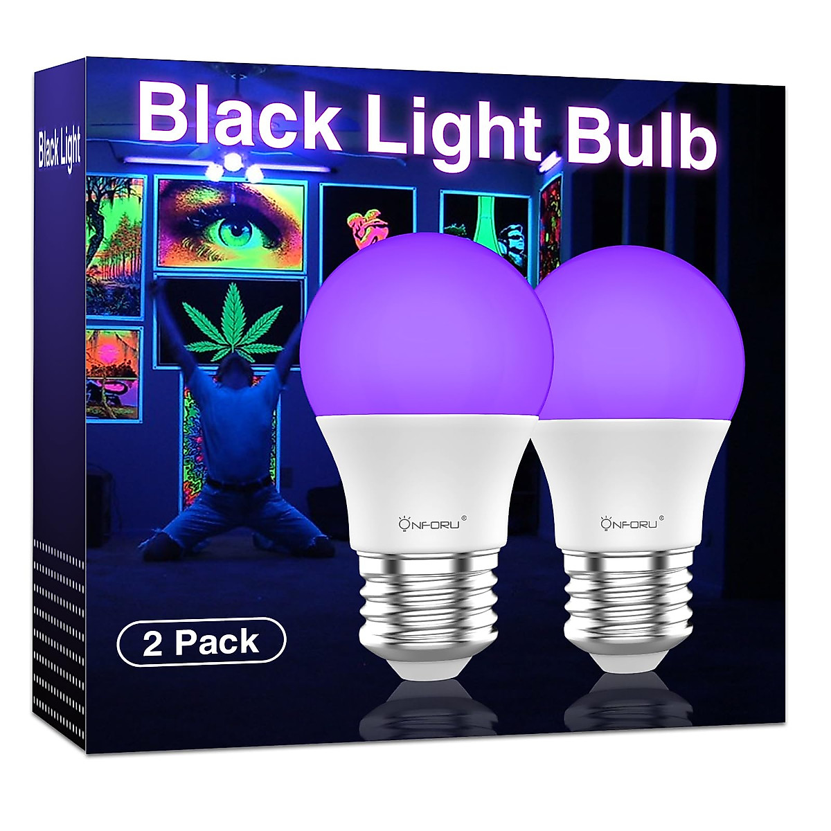 Onforu 32.8ft LED Black Light Strip Kit & Black Lights Bulb 2 Pack, 600 Units Lamp Beads, 12V Flexible Blacklight Fixtures, 10m LED Ribbon, A19 E26 Bulb, 385-400nm