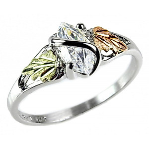 Marquise CZ with Leaf Slim-Profile Ring, Sterling Silver, 12k Green and Rose Black Hills Gold Size 9.75