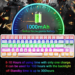 Wireless Mechanical Gaming Keyboard,60% Ultra-Compact Blue Backlit Rechargeable Bluetooth Dual Wired/Wireless Blue Switches Computer Keyboard for Multi-Device Phone Android Mobile(White Rainbow)