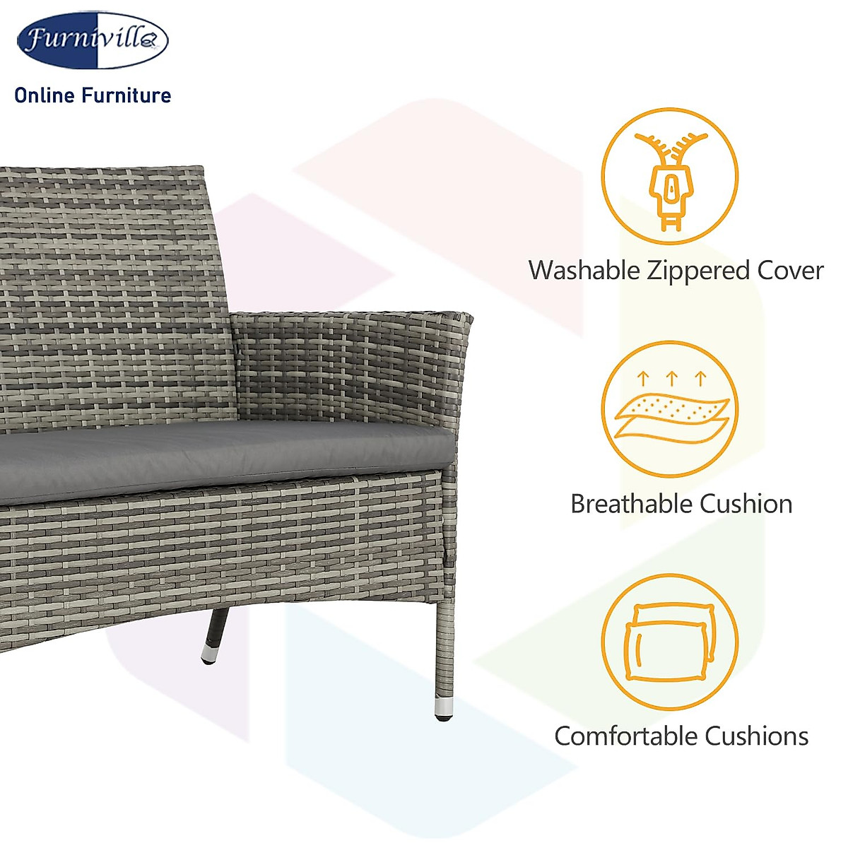 Furnivilla 4 Pieces Patio Furniture Sets Outdoor Furniture PE Wicker Patio Set Patio Conversation Set Balcony Furniture with Cushions and Table for Yard,Pool or Backyard(Grey-Grey)