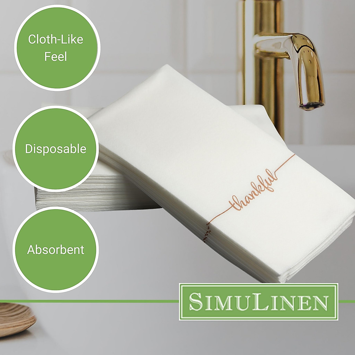 SimuLinen Paper Towels - Hand Towels for Bathroom - Decorative Rose Gold Thankful Design –- Cloth-Like, Linen-Feel for Guest Bathroom Essentials, Size: 12x17” (Pack of 100) Made in USA