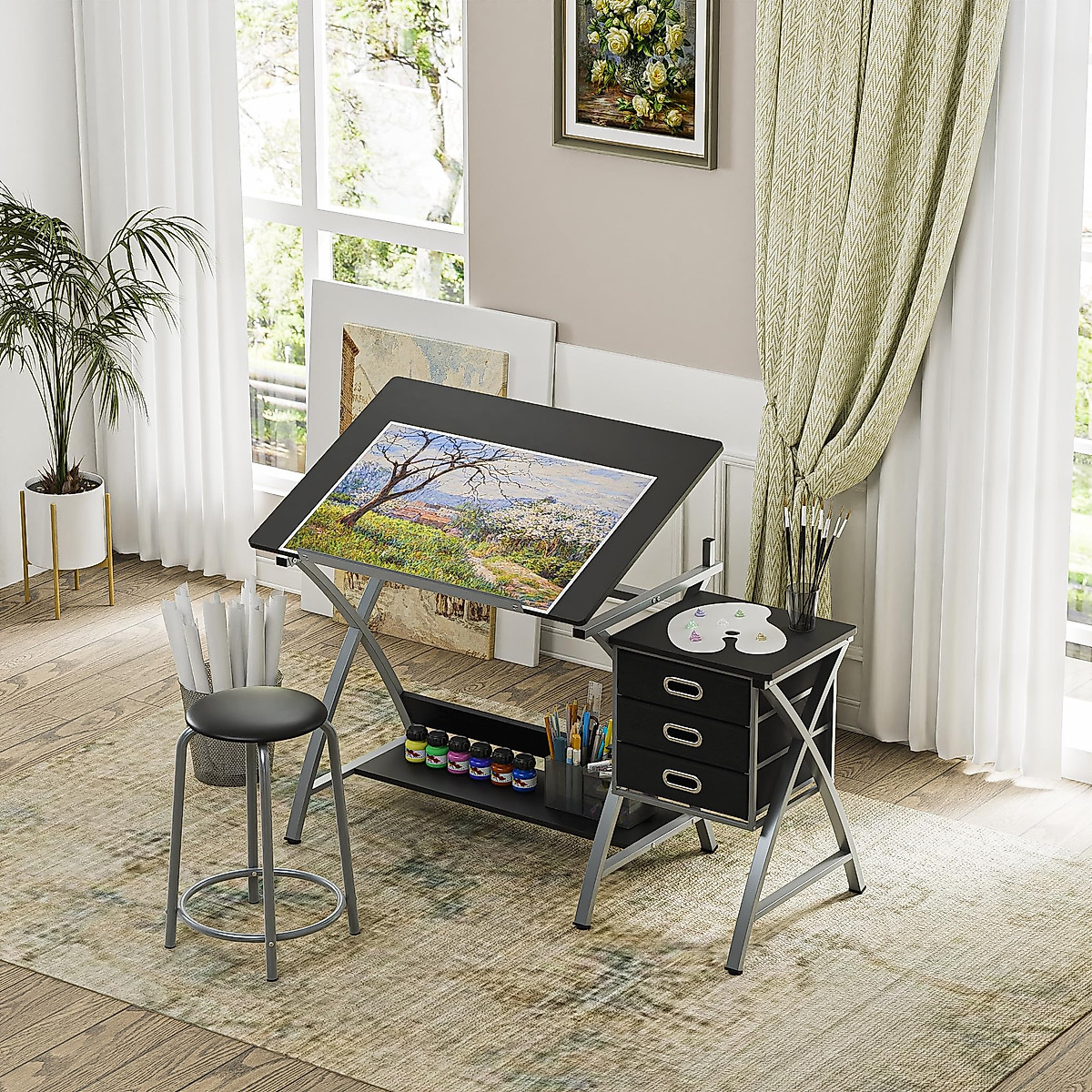 ZENY Drafting Table and Stool Set Tabletop Tilted Drawing Table Drafting Desk w/Drawers Artists Workstation, Art Craft Supplies
