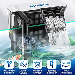 LAQUAL Aquarium Filter with Surface Skimmer, 30-50 Gallon Small Fish Tank Filter, Full Contact & 3 Layer Filtration, Quiet & Efficient, Waterfall Design for Increasing Oxygen, Hang on Back Filter