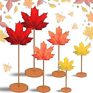 6 Pcs Fall Standing Decor for Tabletop Maple Leaves Wooden Table Sign Thanksgiving Centerpiece Rustic Block Set Wood Tiered Tray Decoration for Farmhouse Home Kitchen