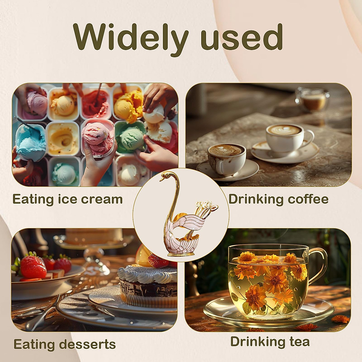 Decorative Gold Swan Base Holder with 6pcs Coffee Spoon Set - Creative Dessert Spoons,Gold