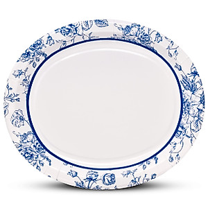 Gift Boutique 50 Blue Floral Oval Paper Plates 10" X 12" Large Disposable Platters Spring Summer Flowers Serving Dish Tray for Birthday Party Supplies