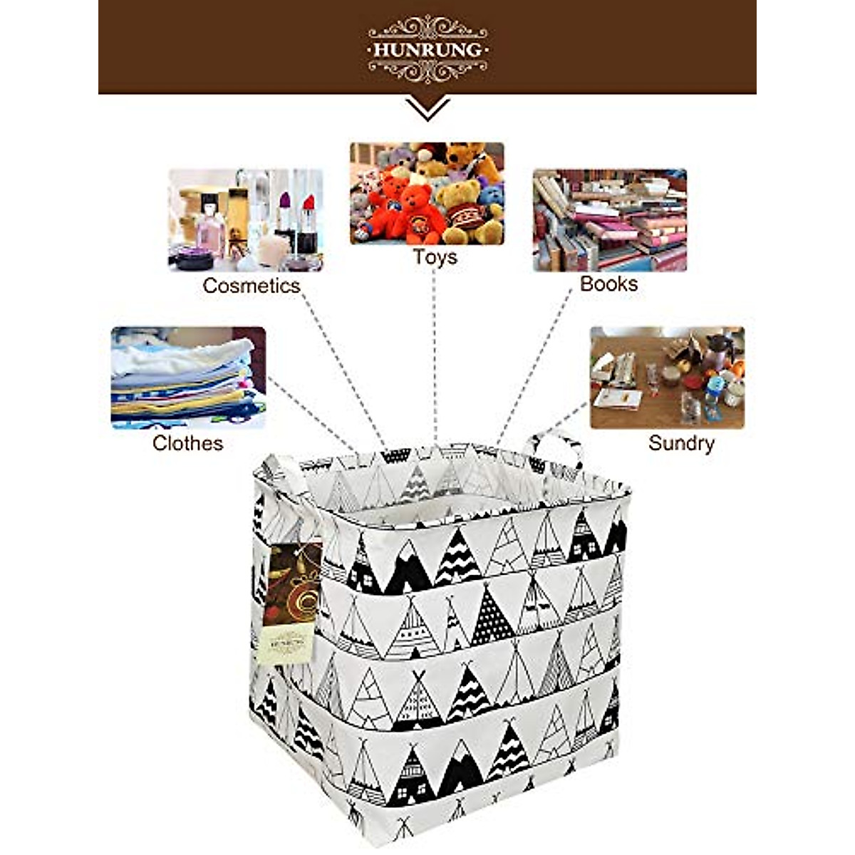 HUNRUNG Square Storage Bins Nursery Hamper Canvas Laundry Basket Foldable with Waterproof Nursery Boxes for Shelves/Gift Baskets/Toy Organizer/Children Room Decor（Square-Tent）