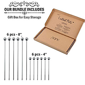 Cocktail Martini Picks and Stirrers Toothpicks – (12 Pack / 4 & 8 Inch) Reusable Cocktail Picks - Stainless Steel Metal Drink Skewers Sticks for Martini Olives Appetizers Bloody Mary Fruits