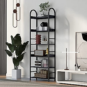 Merax Bookshelf, 6-Tier Bookcase with 4 Hooks, 70.8 Inch Tall Industrial Wood Storage Rack, Arched Open Shelves for Home Office, Living Room, Bedroom, Kitchen