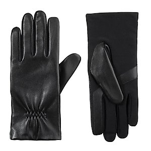 Isotoner Stretch Leather with Gathered Wrist Gloves - 30568 (Black, L/XL)