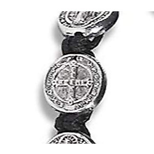 CB Silver Tone Saint Benedict Medal on Adjustable Black Cord Wrist Bracelet, 8 Inch, Pack of 5