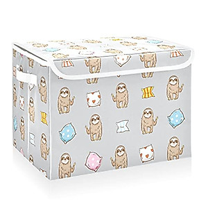 CaTaKu Funny Sloth Gray Storage Bins with Lids Fabric Large Storage Container Cube Basket with Handle Decorative Storage Boxes for Organizing Clothes Shelves