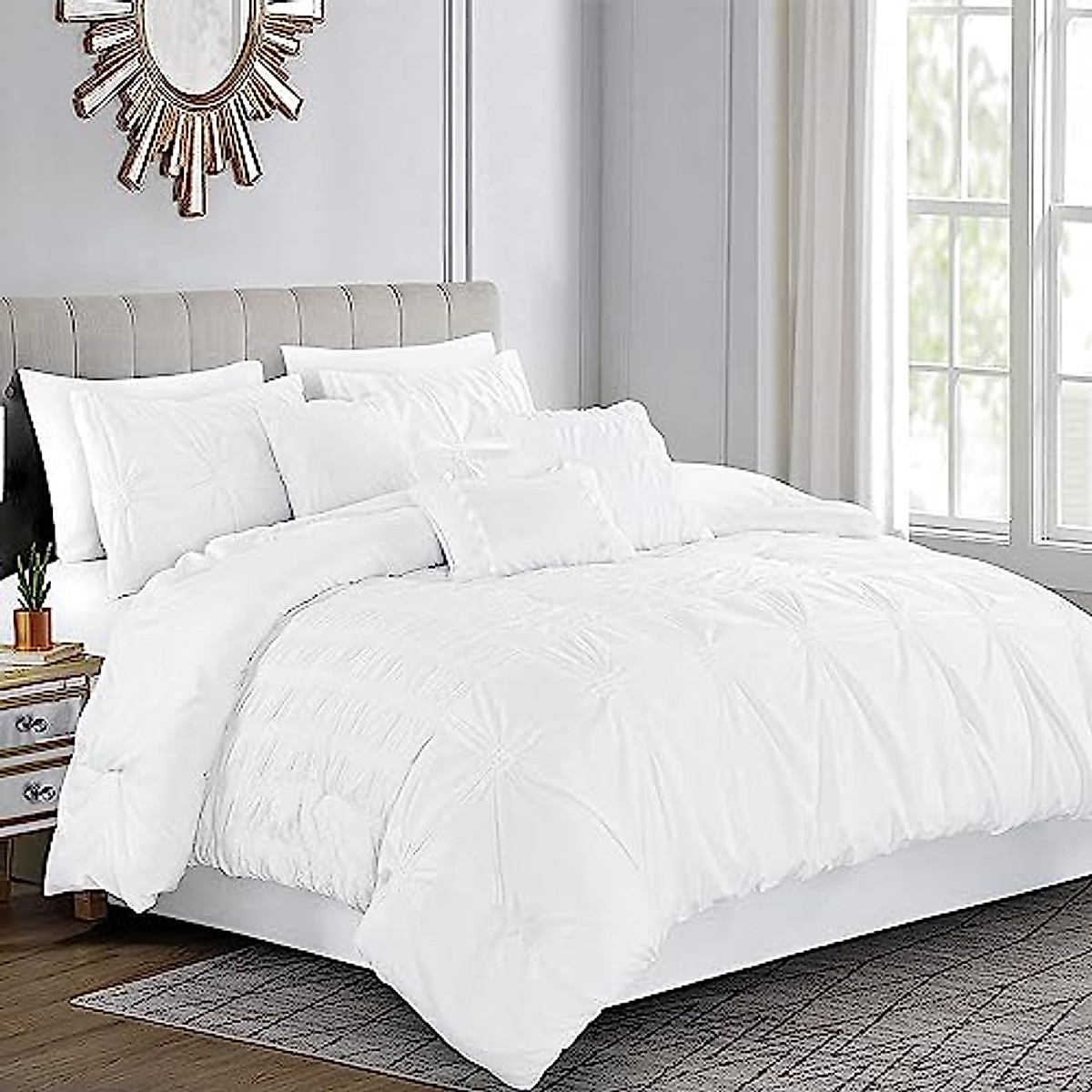 JML California King Comforter Set, 7 Piece Pinch Pleat Bed in a Bag Set with Shams and Decorative Pillows - Luxury Pintuck Microfiber Down Alternative Bedding Comforter Sets,White