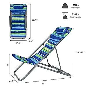 Goplus Beach Sling Chair for Adults, 2 Pcs Portable Folding Camping Chair W/ 3-Position Adjustable Backrest & Comfy Headrest, Outdoor Heavy Duty Lounge (Stripe)