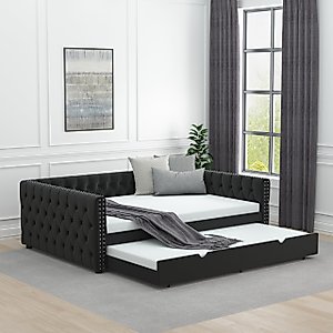 KINFFICT Velvet Full Daybed with Twin Trundle, Modern Upholstered Full Size Day Bed Button-Tufted Sofa Daybed Frame with A Roll-Out Trundle (Black)