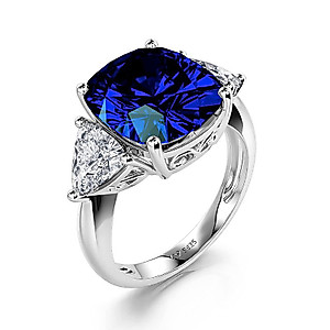 Jeulia Cushion Cut Gemstone Three Stone Ring: Sterling Silver Blue Simulated Sapphire Women's Engagement Ring Wedding Anniversary Christmas Birthday with Jewelry Gift Box (Sapphire, 8)