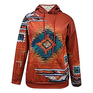 Women's Western Ethnic Style Print Aztec Sweatshirt Long-Sleeved Hoodie Pullover, Cowgirl Rhombus Printed Hooded top, Red, X-Large
