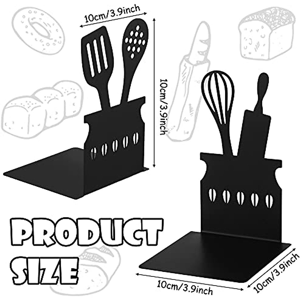 Black Kitchen Bookends 5.9 x 3.9 x 3.9 Inch Spoon Decorative Cookbook Metal Book Ends with Non-Slip Mat Metal Cookbook Storage Books Stoppers Metal Kitchen Cookbook Holder for Shelves Kitchen Book