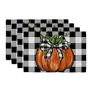 GEEORY Fall Placemats, 12x18 Inch Set of 4 Buffalo Plaid Check Pumpkins Table Decoration for Kitchen Dining, Indoor & Outdoor Dinner Party (Orange Pumpkin) GP085-18