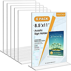MaxGear 8.5 x 11 Acrylic Sign Holder 6 Pack, Clear Table Paper Display Stand Double Sided Menu Flyer Holder Vertical Picture Frame Plastic Plexi Sign Holders for Office, Store, Restaurants, Hotels