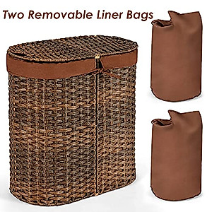MAT EXPERT Rattan Laundry Hampers, Laundry Baskets with 2 Detachable Canvas Bags, Divided Laundry Hamper with Lids & Handles, Handwoven Oval Landry Bin, Clothes Hamper for Laundry Room/Bedroom (Brown)
