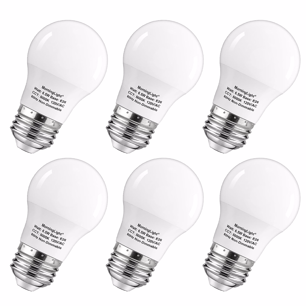 MorningLight 6 Pack A15 LED Bulbs 60W Equivalent, Non-Dimmable, Daylight 5000K, E26 Base, 6.5W 600 Lumens Bulb, A15 LED Light Bulbs for Ceiling Fan, Wall sconces, 25000+ Hours Lifespan